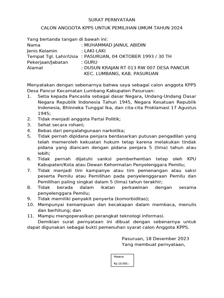 3 Surat Pernyataan Kpps | PDF