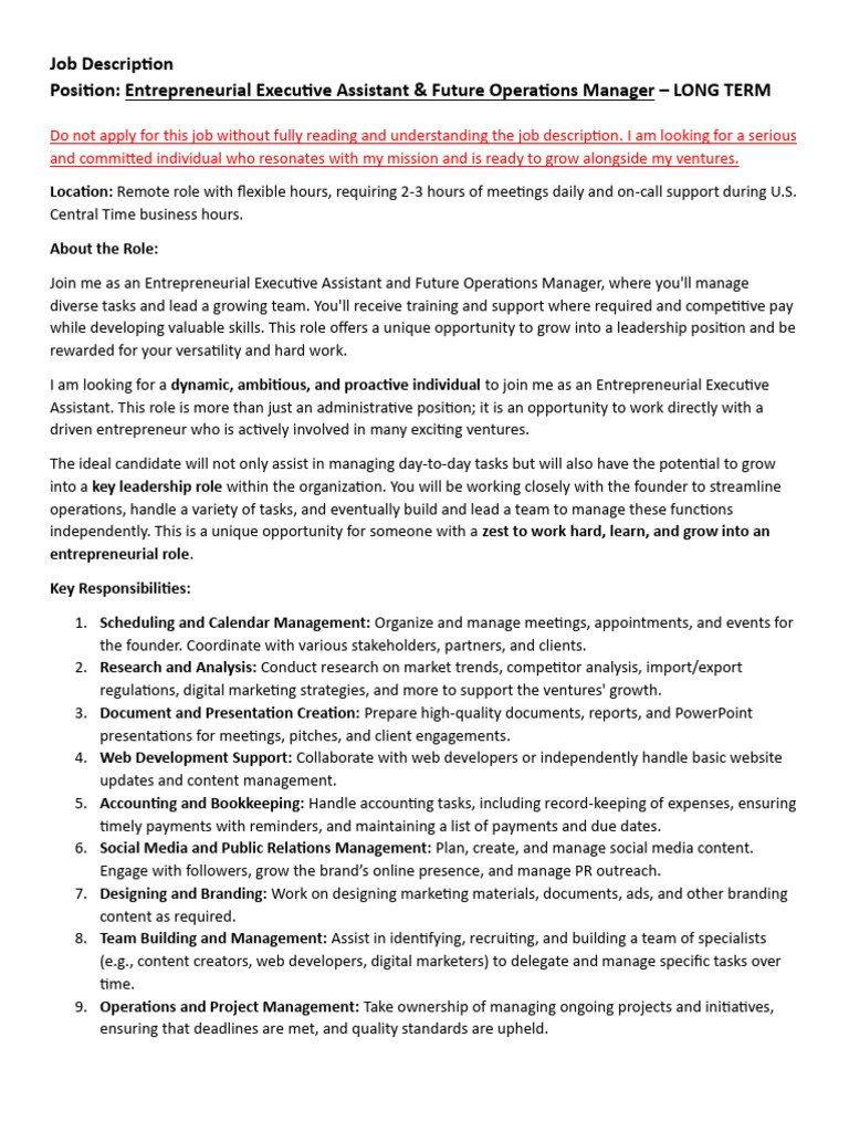 Executive Assistant - Job Description | PDF | Entrepreneurship ...