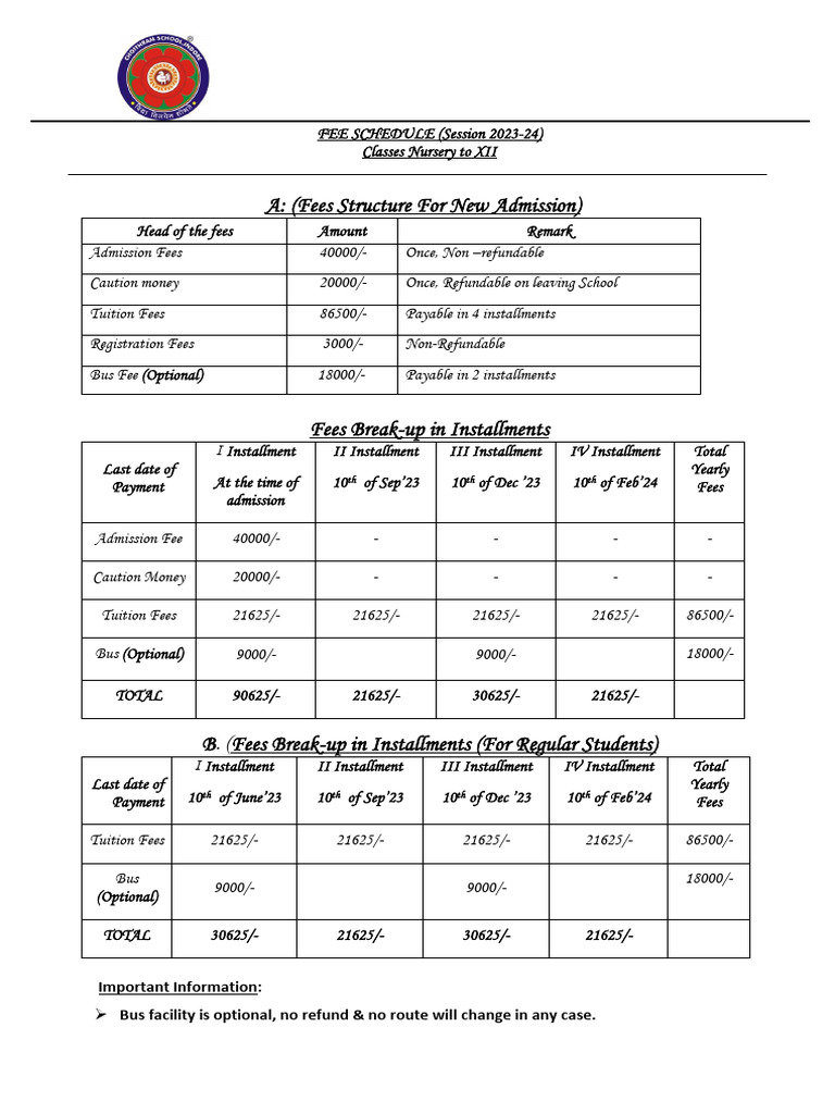FEE SCHEDULE 2023-24 For Regular | PDF | Payments | Services (Economics)