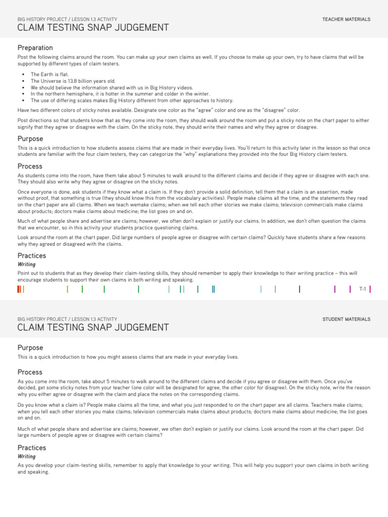 BHP Activity 2019 U1-3 Claim Testing-Snap Judgement Teacher | PDF ...