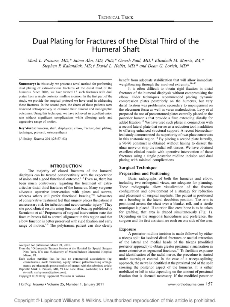 Dual Plating For Distal Humerus Fractures. 2011 | PDF | Elbow | Surgery