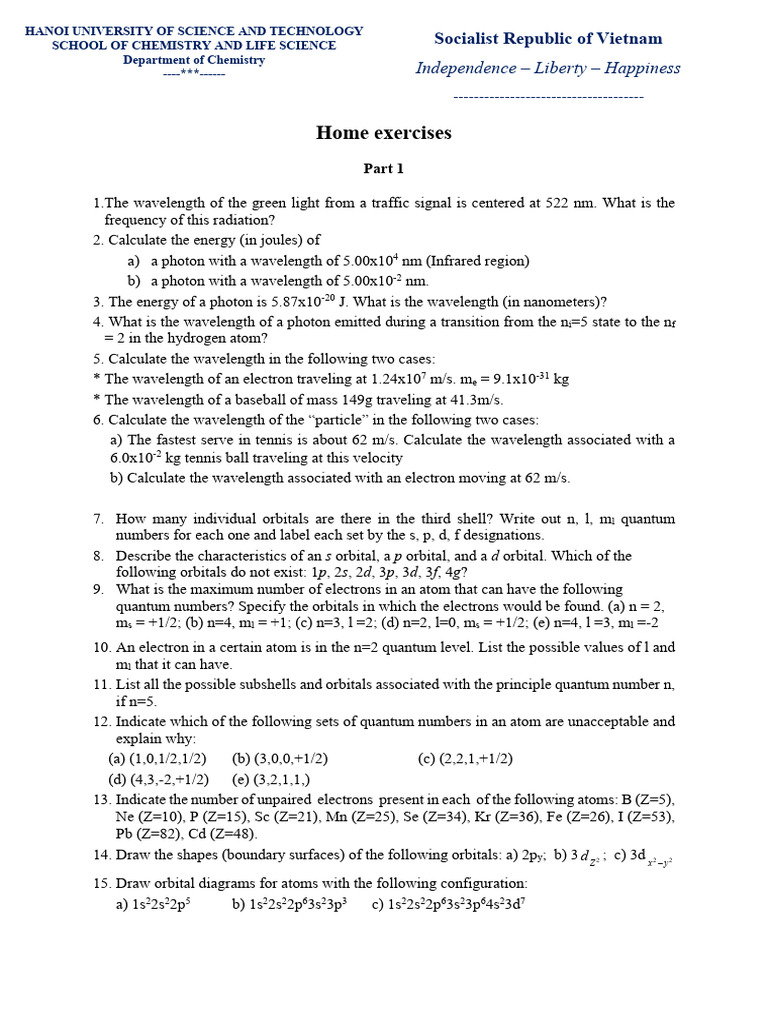 Exercises 2020 HUST CH1019E | PDF | Atomic Orbital | Electron Configuration