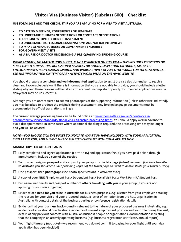 Australia Visitor Visa Checklist 600 | PDF | Travel Visa | Passport