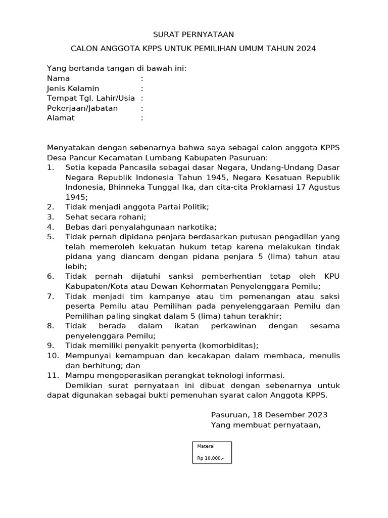 3 Surat Pernyataan KPPS | PDF