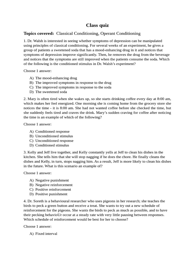 Learning Quiz | PDF | Reinforcement | Classical Conditioning