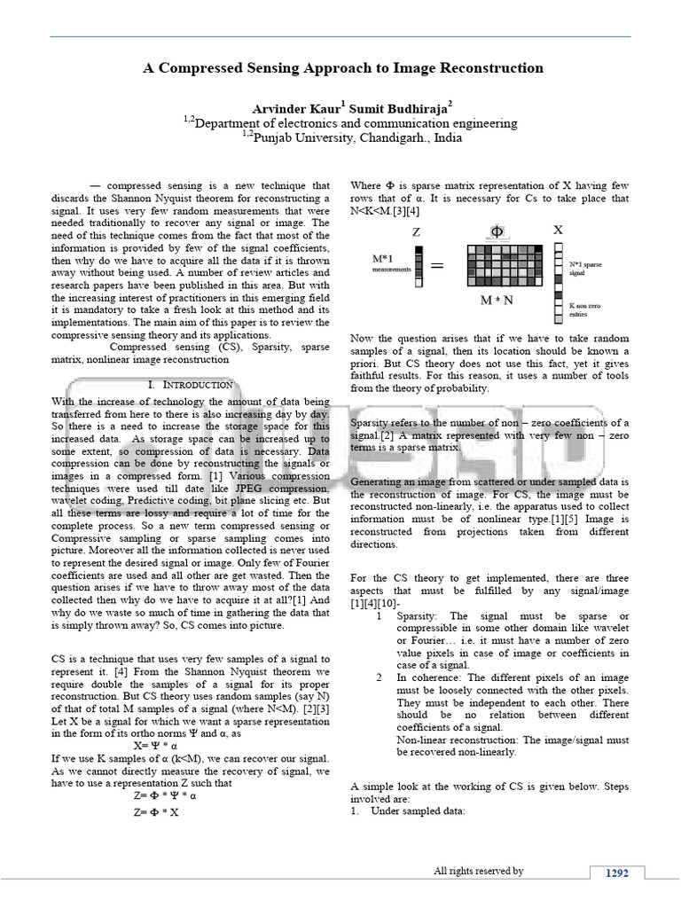 A Compressed Sensing Approach To Image R | PDF | Electronics | Computer Science