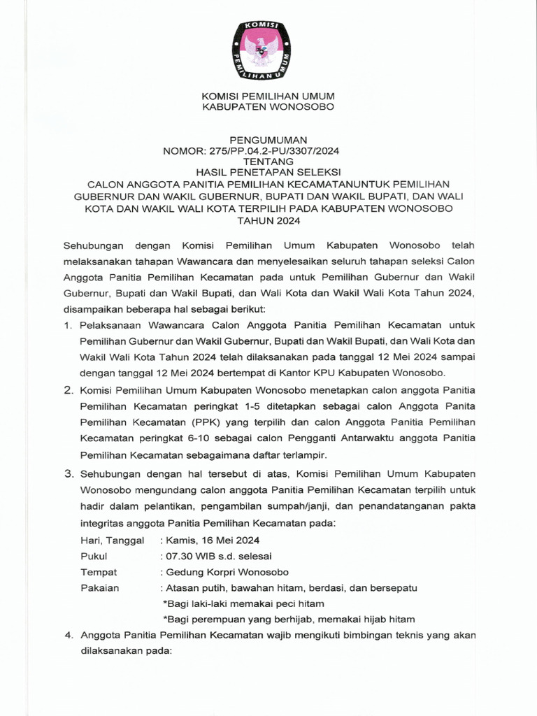Pengumuman Hasil Seleksi PPK Untuk Pilkada Tahun 2024 | PDF