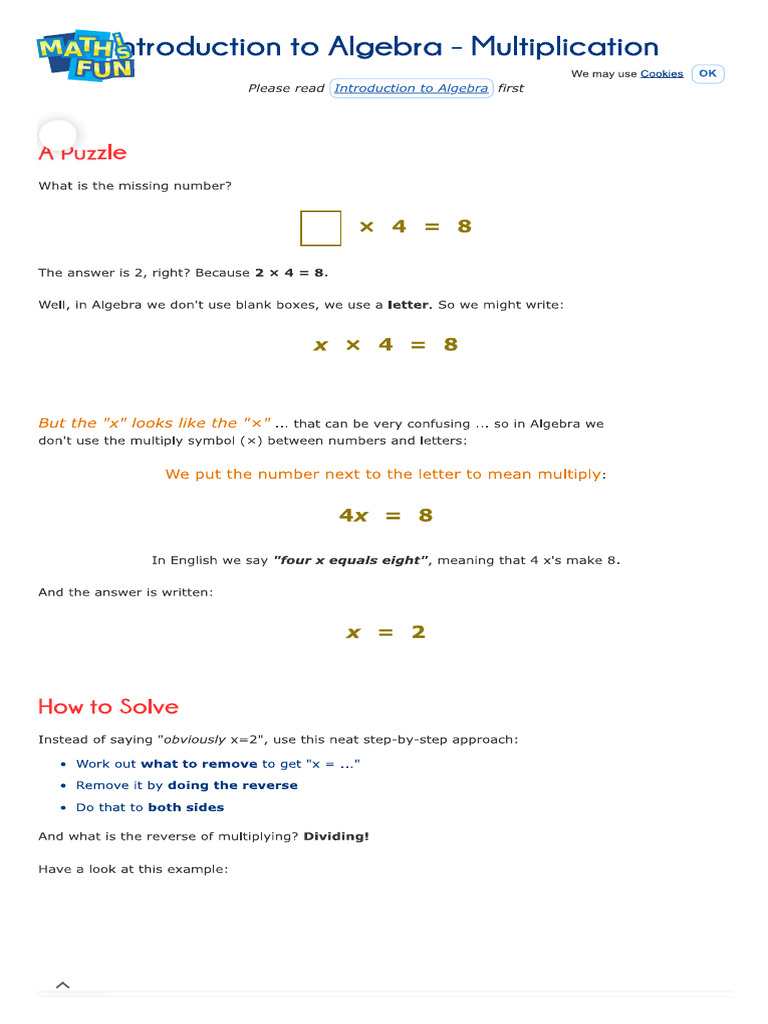 Algebra Introduction - Multiplication | PDF