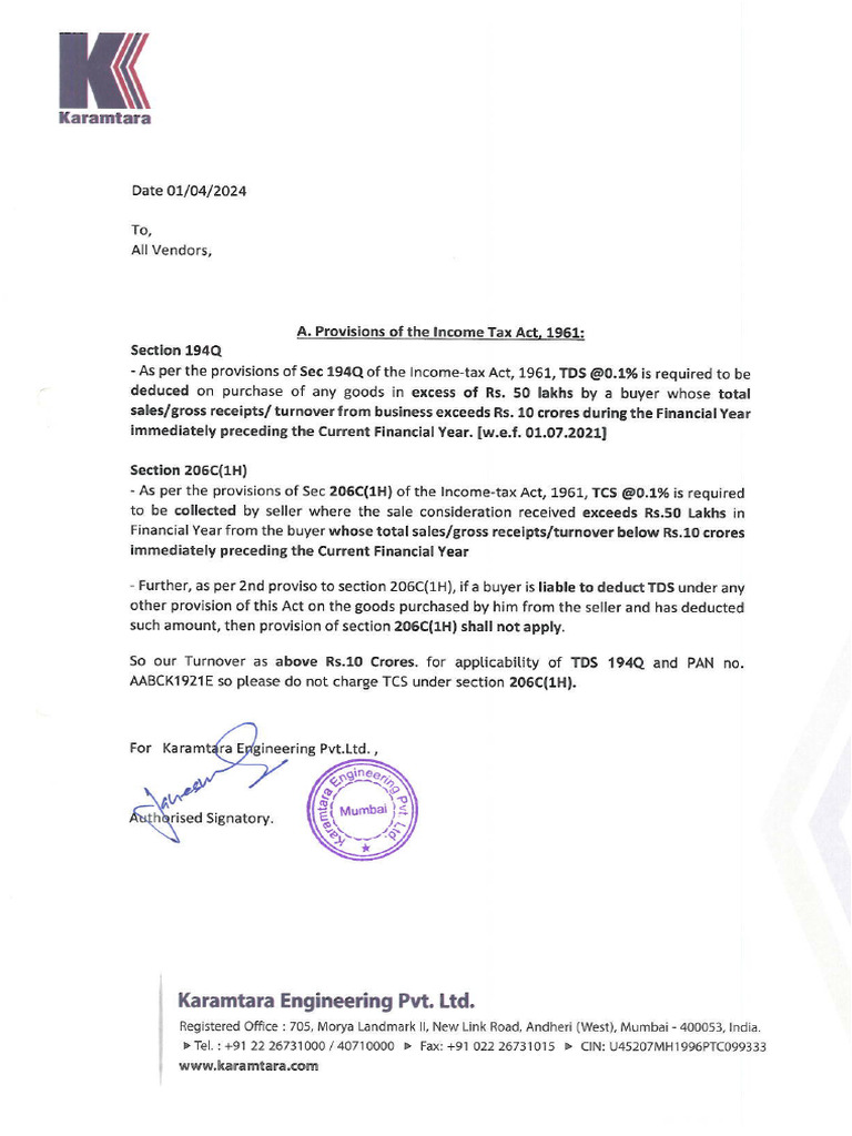 TDS 194Q Declaration FY2024-25 Karamtara | PDF