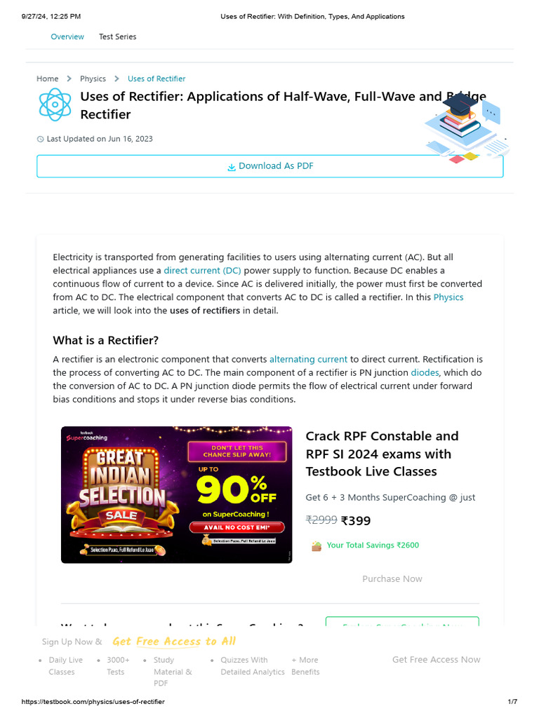 Uses of Rectifier - With Definition, Types, and Applications | PDF | Rectifier | Direct Current