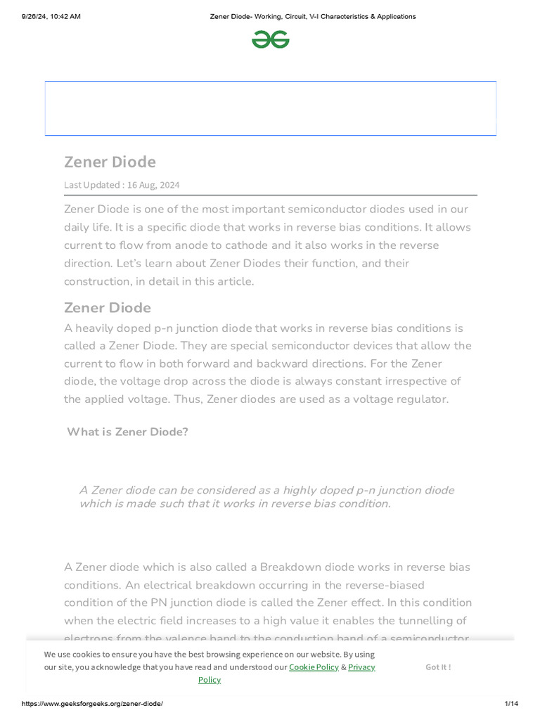 Zener Diode - Working, Circuit, V-I Characteristics & Applications | PDF | P–N Junction | Diode
