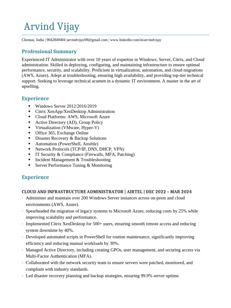 WIndows Admin resume | PDF | Active Directory | Cloud Computing