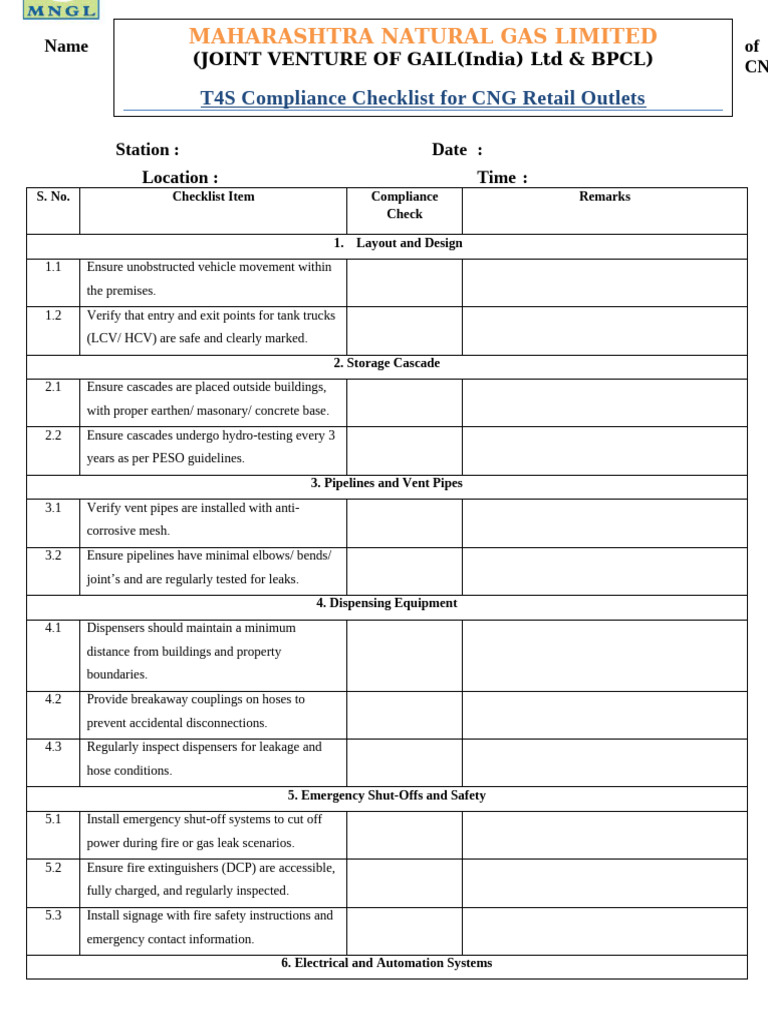 T4S_Compliance_Checklist_CNG_Retail_Outlets | PDF | Fire Safety | Safety