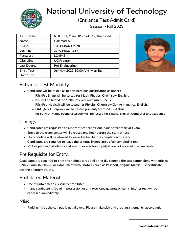 NUTECH Fall 2023 Entrance Test Guide | PDF