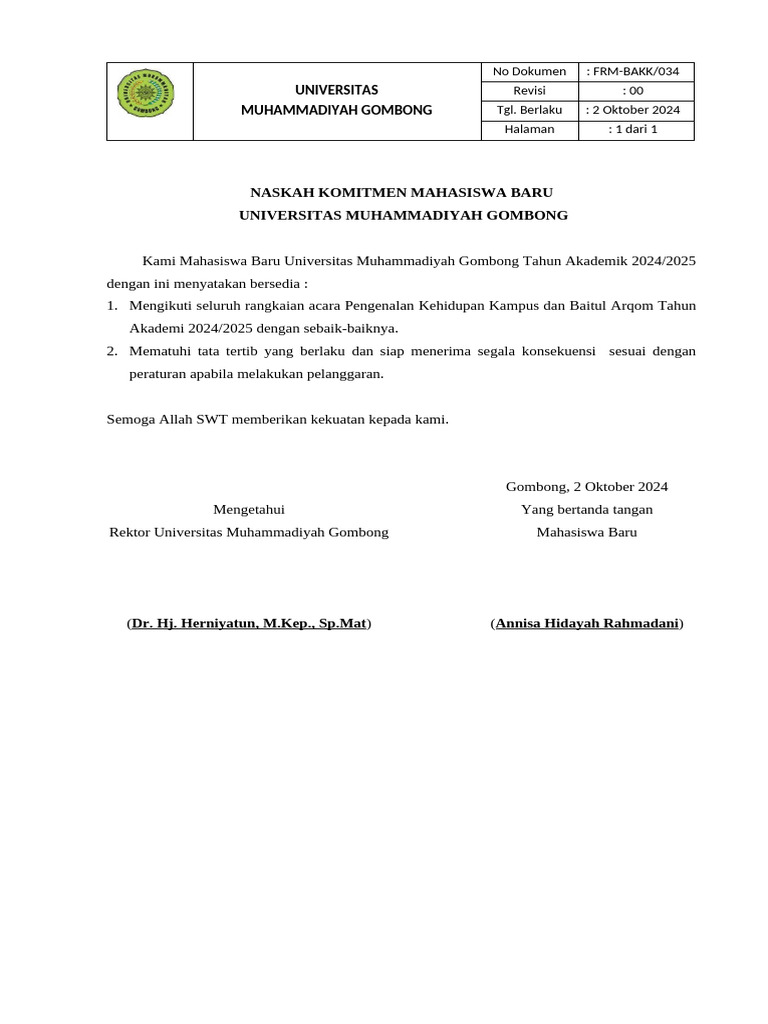 Form Komitmen Mahasiswa Baru | PDF