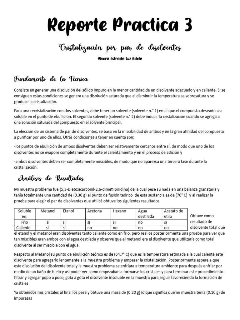 Reporte Practica 3 | PDF | Solvente | Cristalización