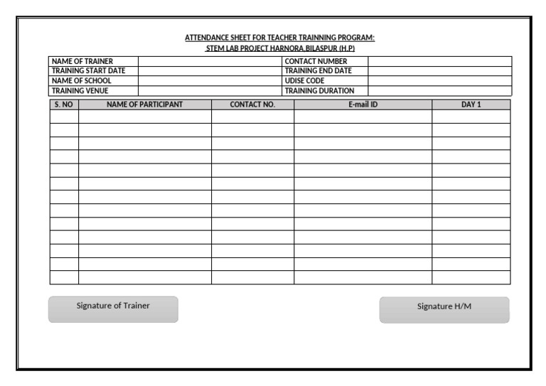 STEM LAB, 01 Day Attendence Sheet For Teachers Training Program | PDF
