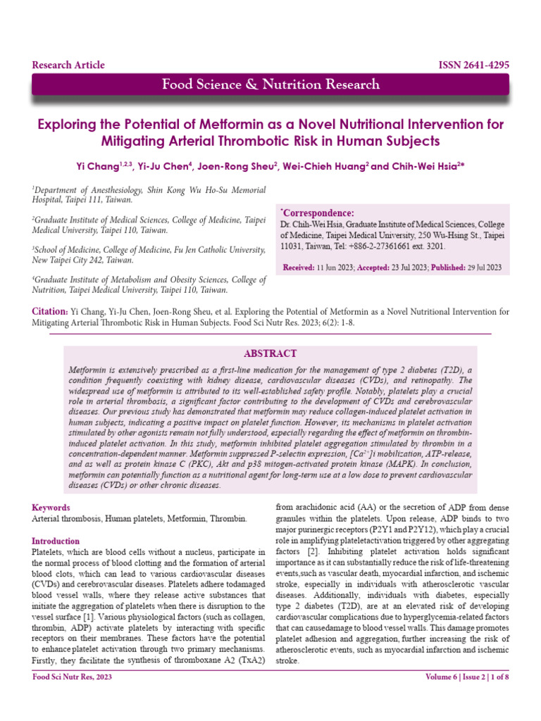 Exploring The Potential of Metformin As A Novel Nutritional Intervention For Mitigating Arterial ...
