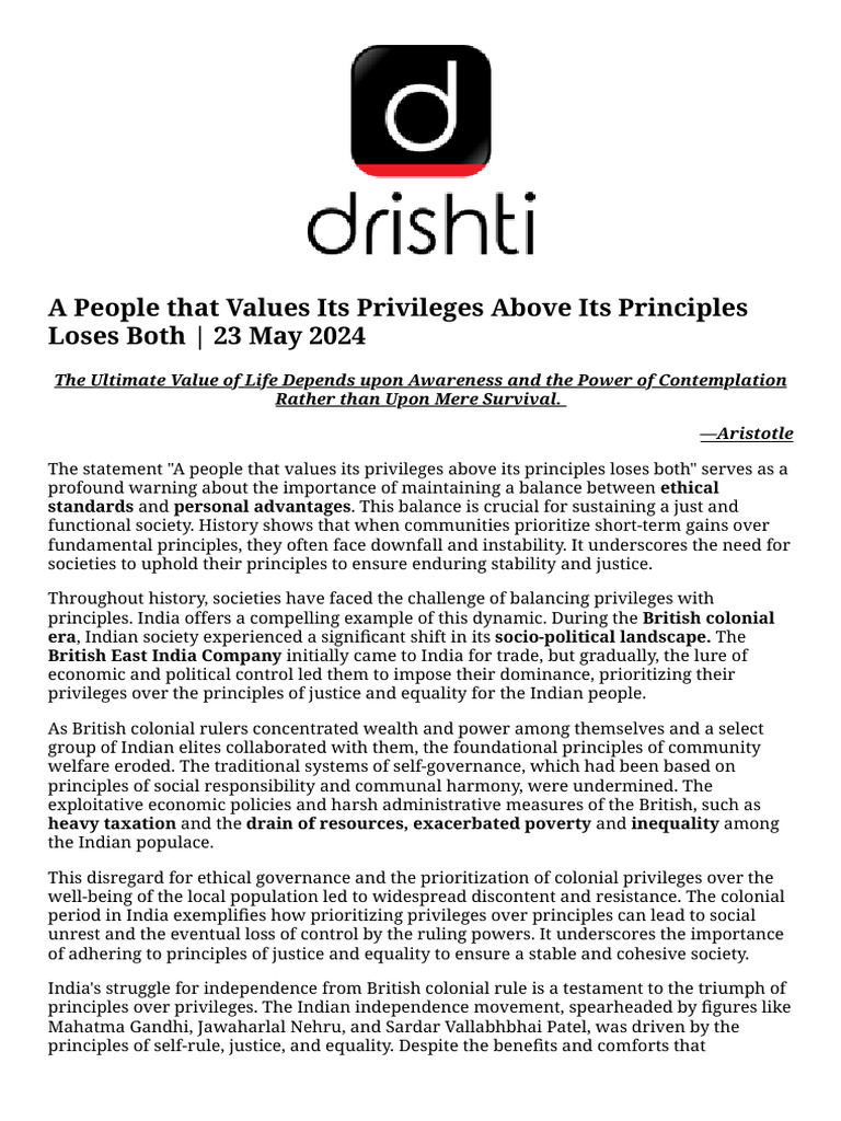 Mains - Model Essays - A People That Values Its Privileges Above Its ...