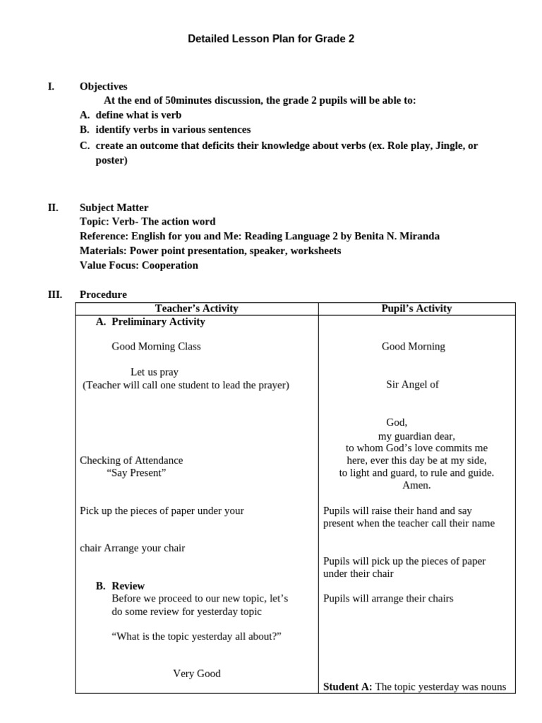 Detailed Lesson Plan For Grade 2 Teaching English in Elem Oheman | PDF ...