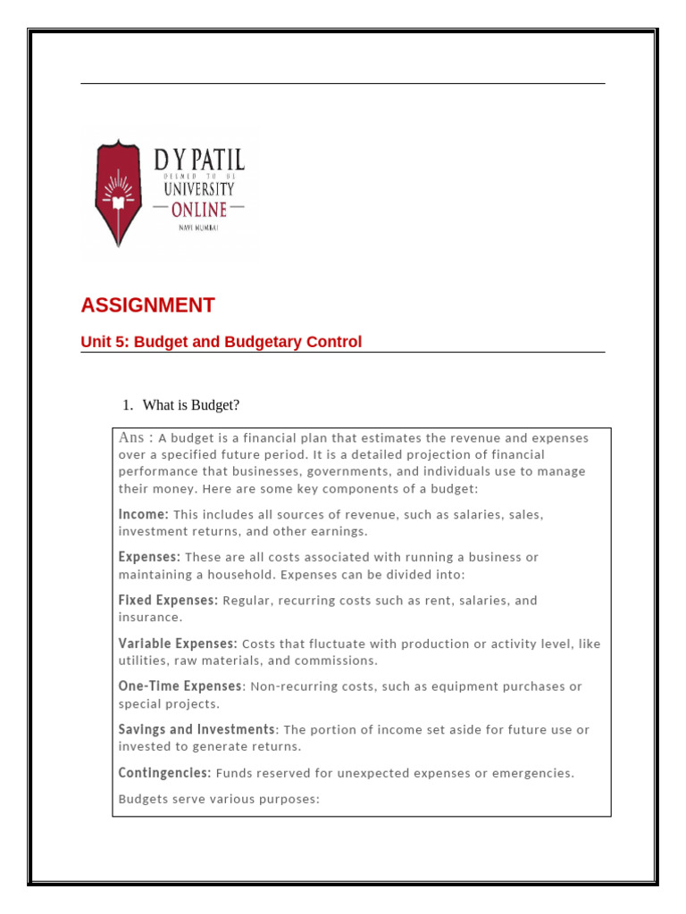 Unit 5 (Assign) Budget and Budgetory Control | PDF | Budget | Expense
