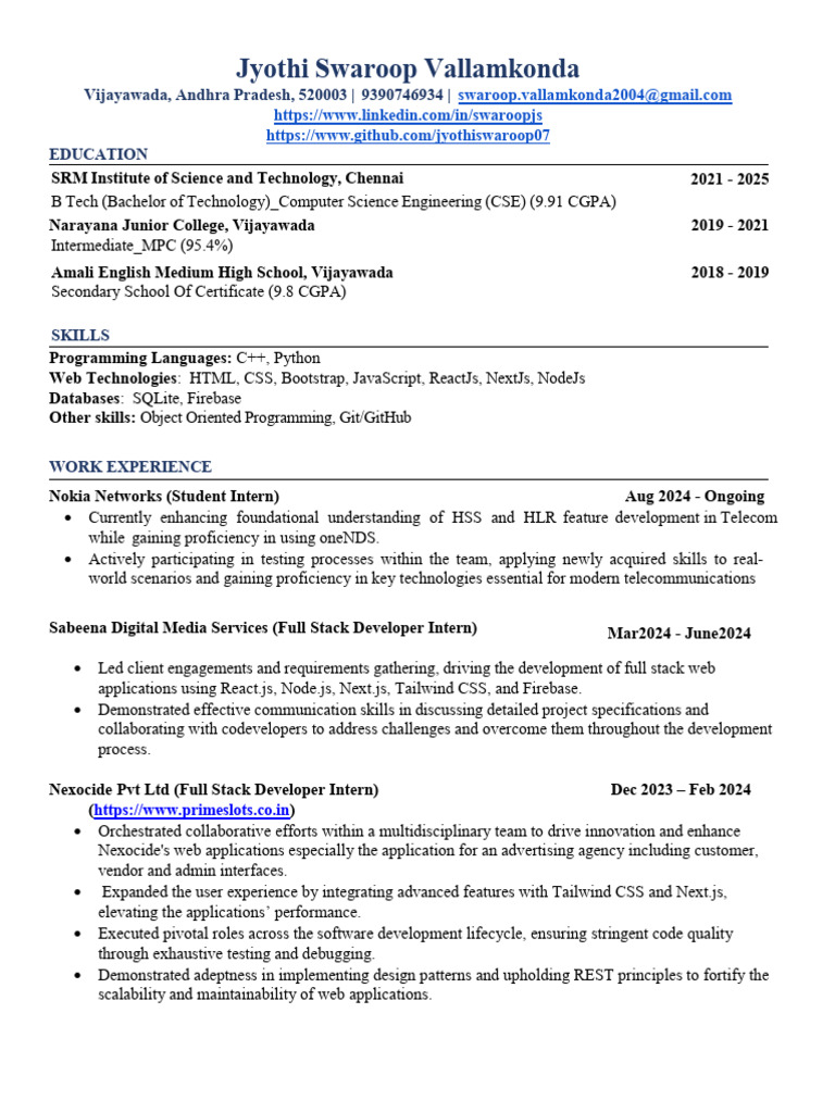 Jyothi Swaroop Resume 2024 | PDF | Software Engineering | Systems ...