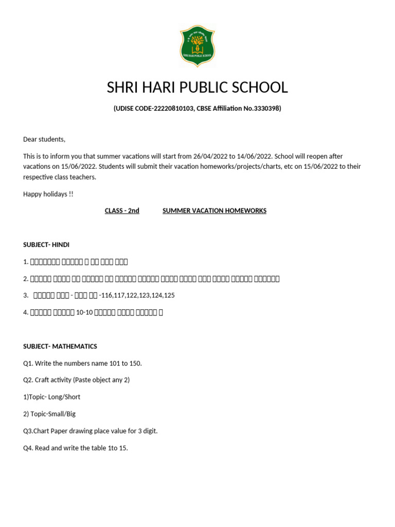 Summer Vacation Homework for Class 2 | PDF