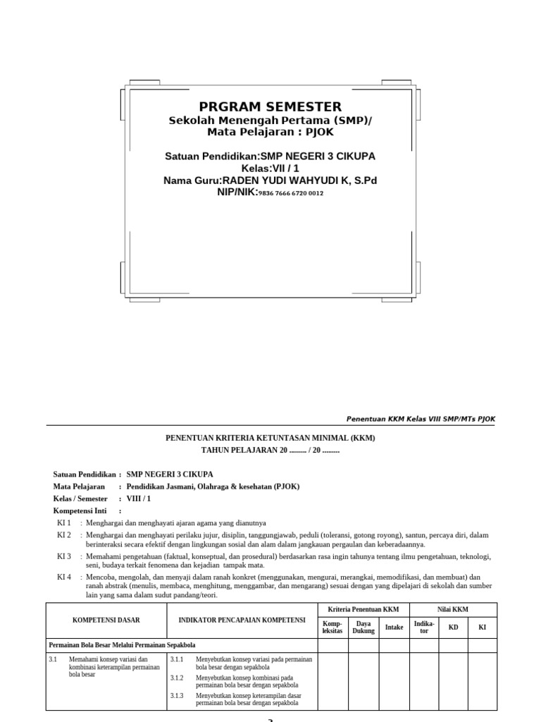 KKM PJOK Kelas VIII SMP | PDF