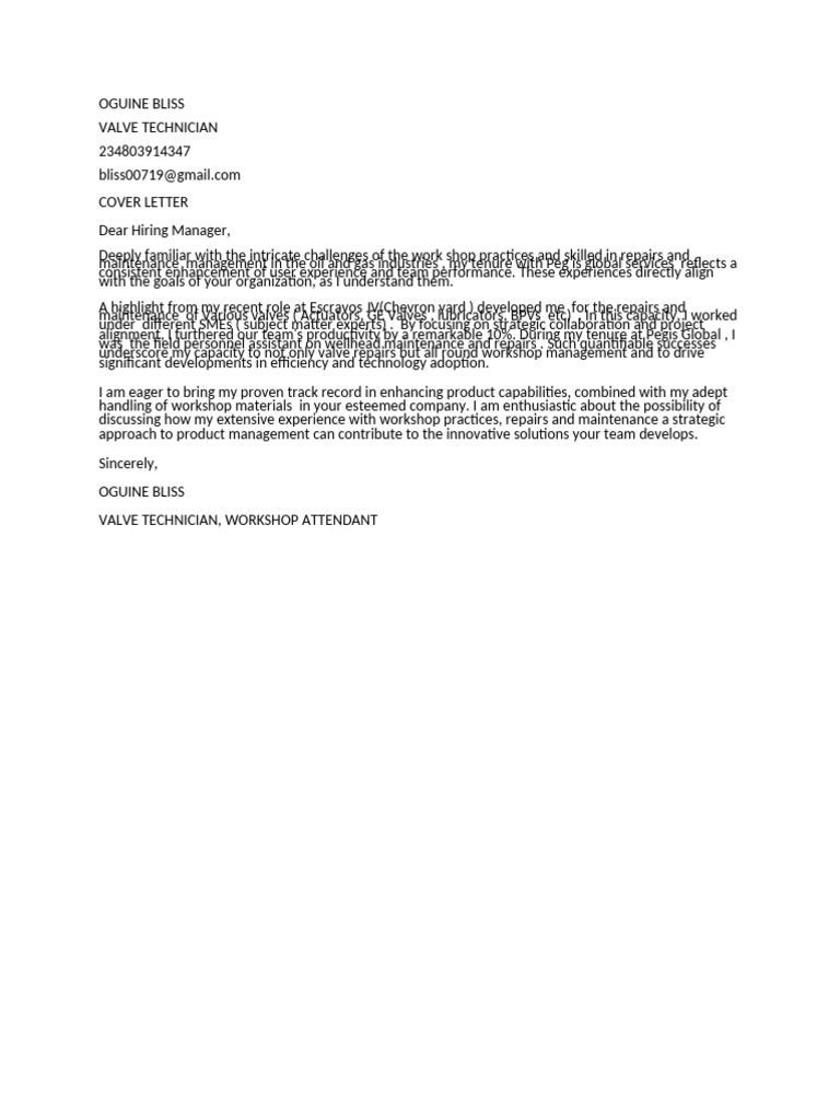 Valve Technician Cover Letter | PDF
