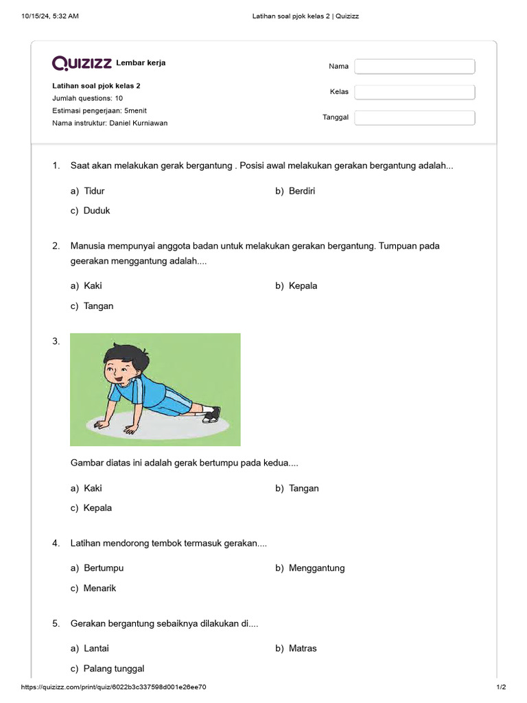 Latihan Soal Pjok Kelas 2 Gerak Bertumpu | PDF