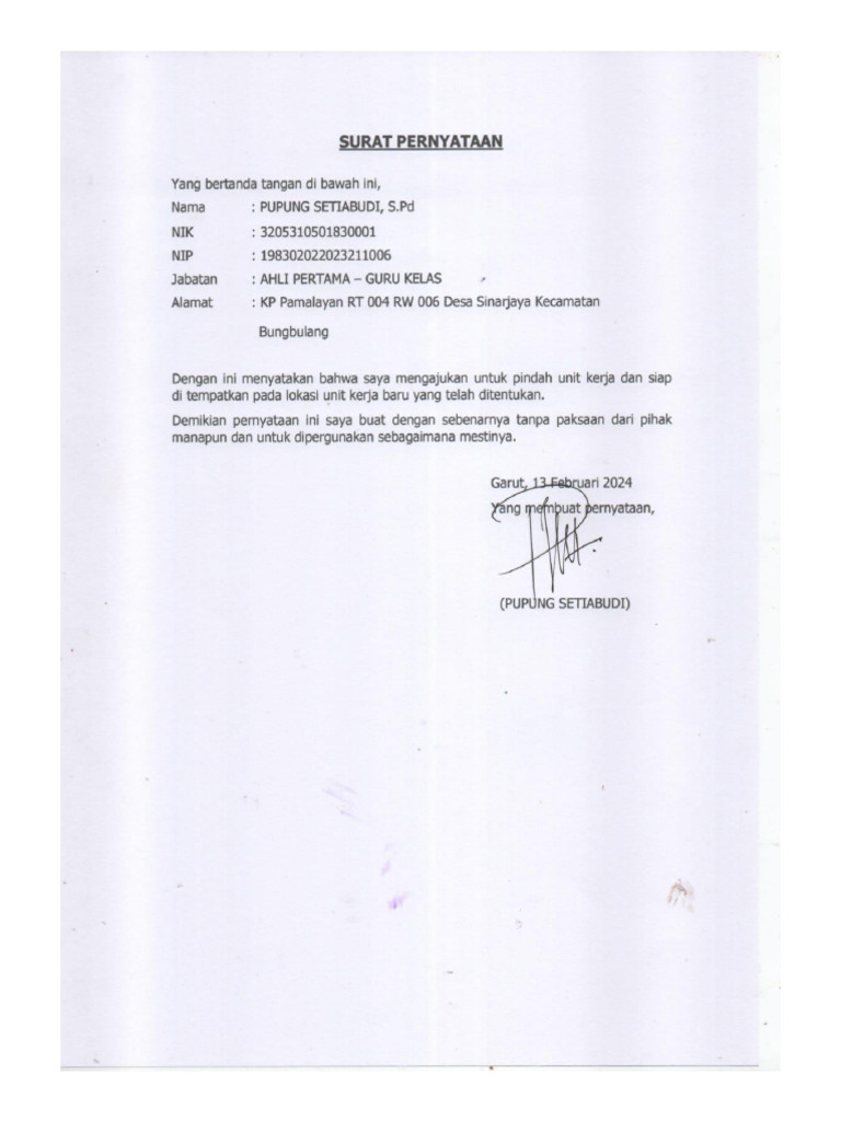 Surat Pernyataan Pupung Setiabudi | PDF