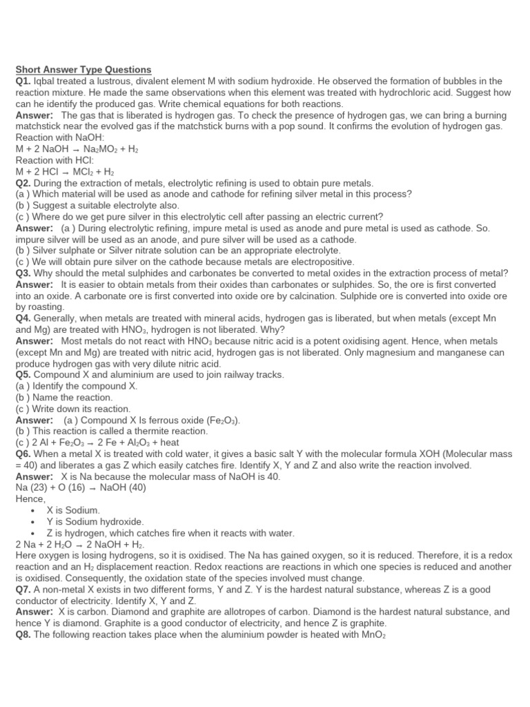 Chemistry Metallurgy and Electrolysis Questions | PDF | Oxide | Hydroxide