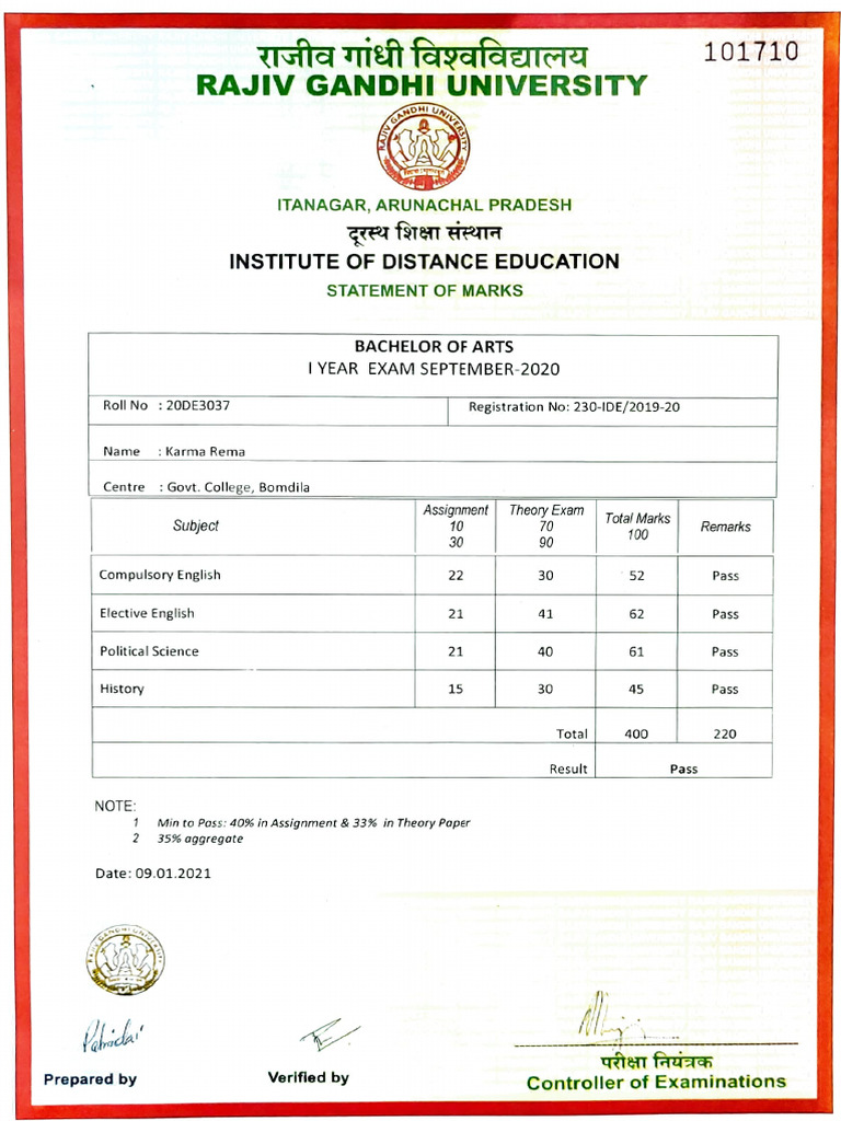 Sample Copy of Mark Sheet | PDF