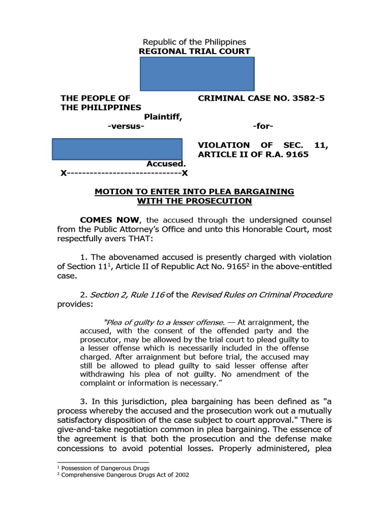 Motion To Enter Into Plea-Bargaining Agreement | PDF | Plea Bargain | Plea