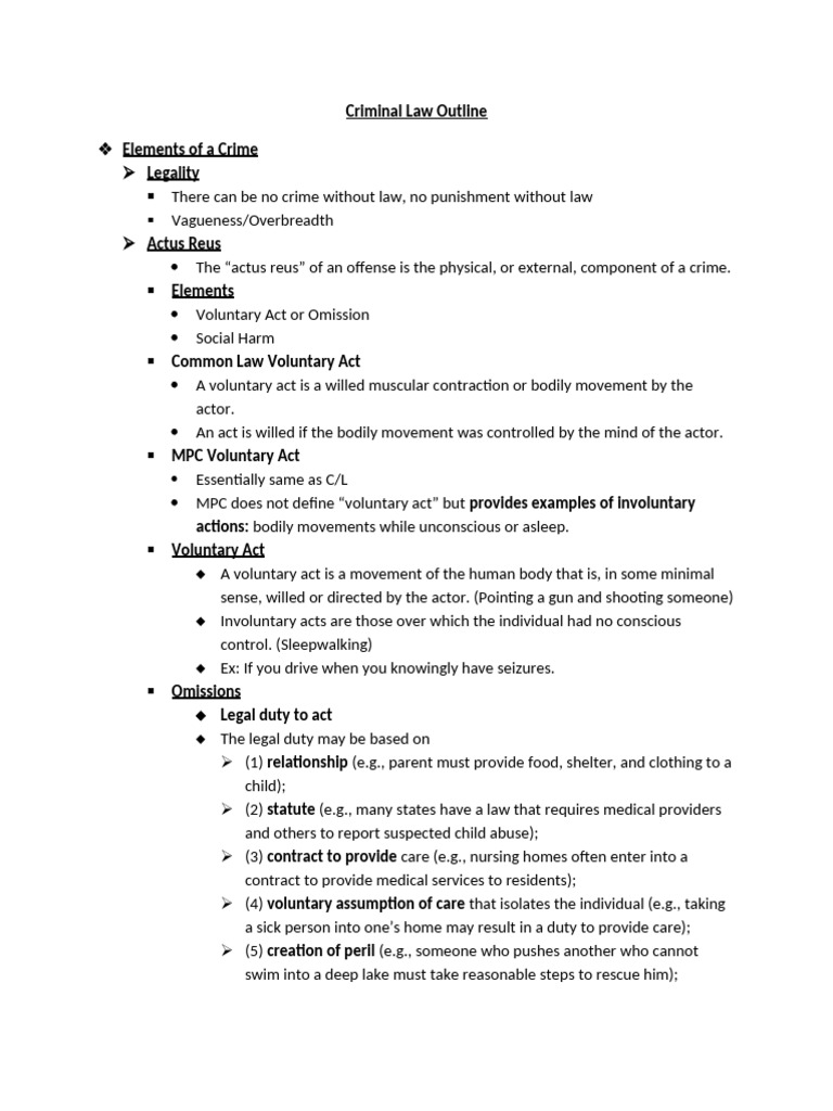 Criminal Law Elements and Homicide Overview | PDF | Manslaughter | Mens Rea