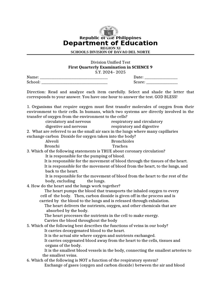 Science 9 1st Quarter Exam 2025 | PDF | Blood | Lung