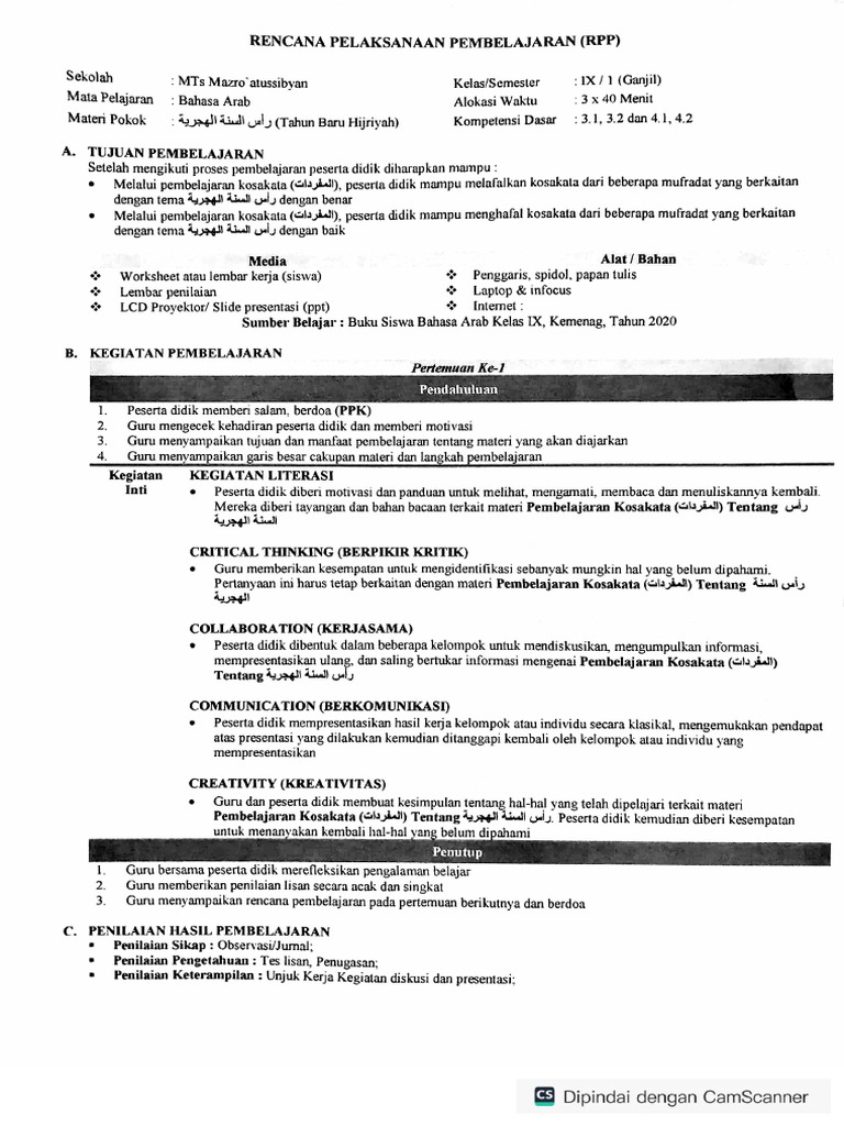 RPP Bahasa Arab Kelas 9 | PDF