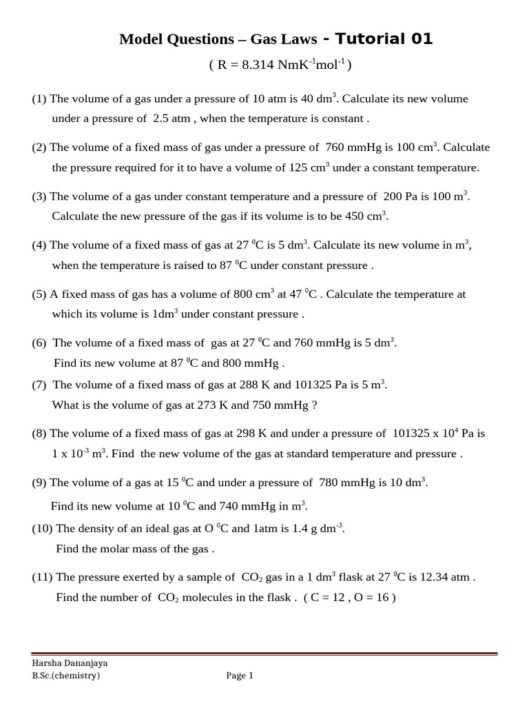 Unit 4 - Tutorial 01 | PDF | Gases | Pressure