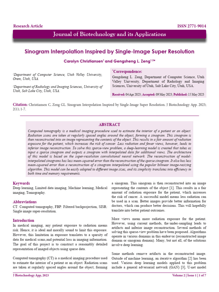 Sinogram Interpolation Inspired by Single-Image Super Resolution | PDF | Ct Scan | Deep Learning