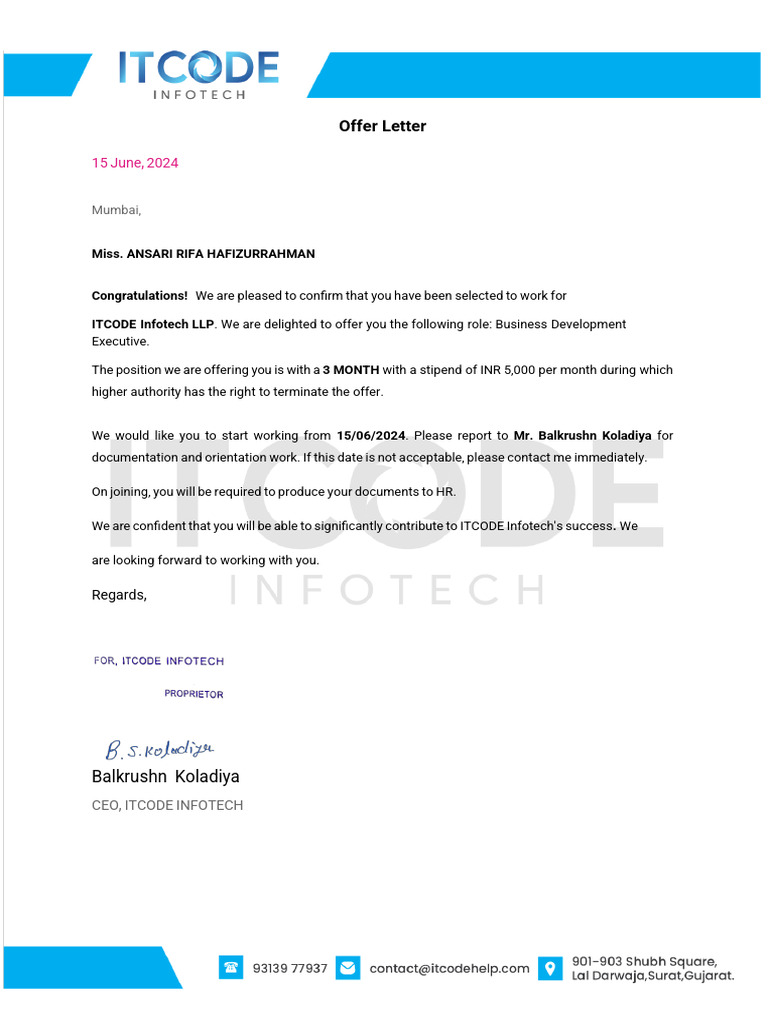 RIFA Offer Letter | PDF