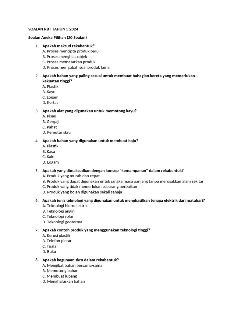 2 Soalan RBT Tahun 5 2024 | PDF
