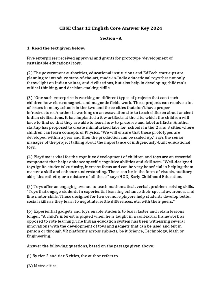 CBSE Class 12 English Core 2024 Answer Key | PDF