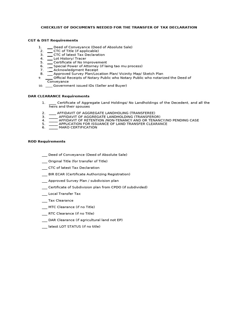 Checklist of Documents Needed For The Transfer of Tax Declaration 2.0 | PDF