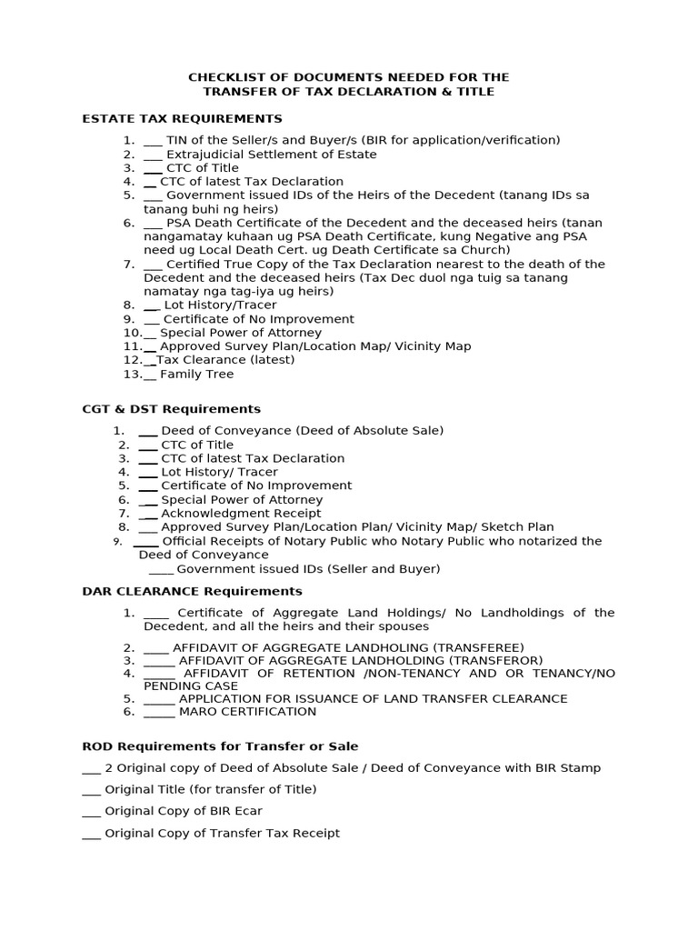Checklist of Documents Needed For The Transfer of Tax Dec & Title 3.0 | PDF | Notary Public ...