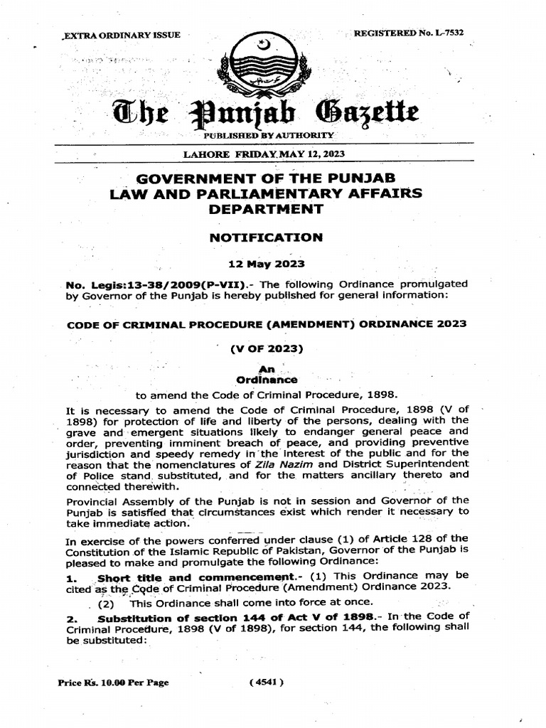 Code of Criminal Procedure Amendment Ordinance 2023 V of 2023 PDF | PDF