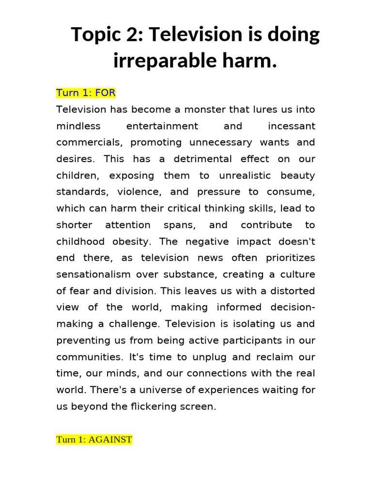 Topic 2 Television Is Doing Irreparable Harm | PDF | Cognition | Social ...