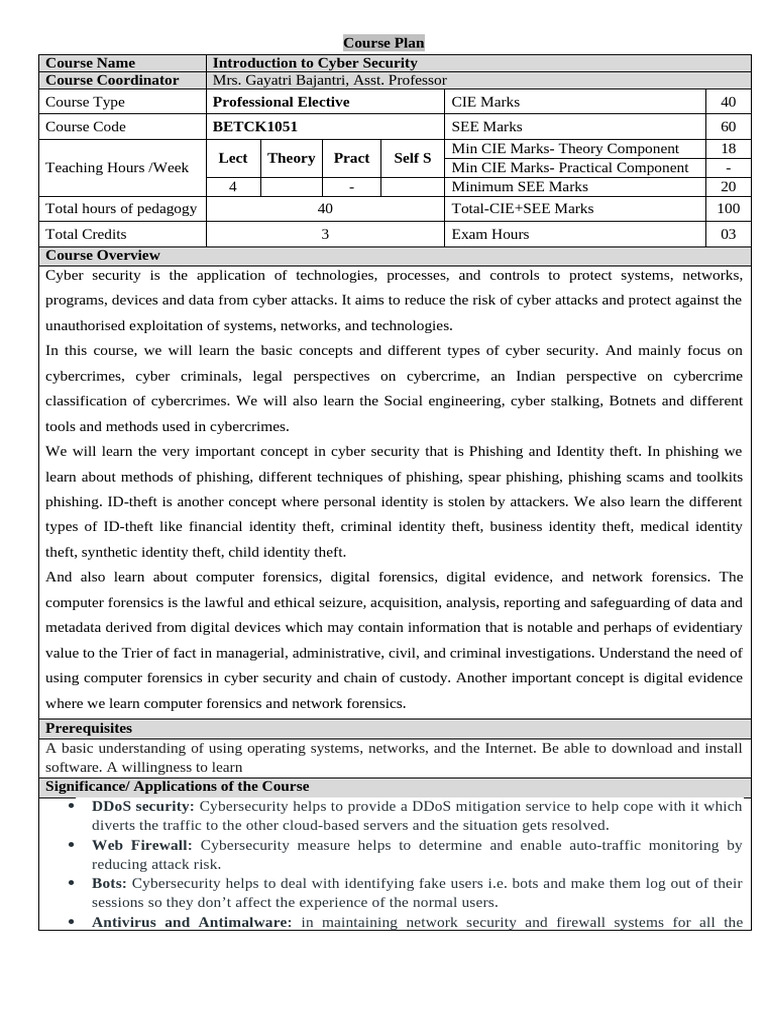 Cyber security Course Plan | PDF | Security | Computer Security