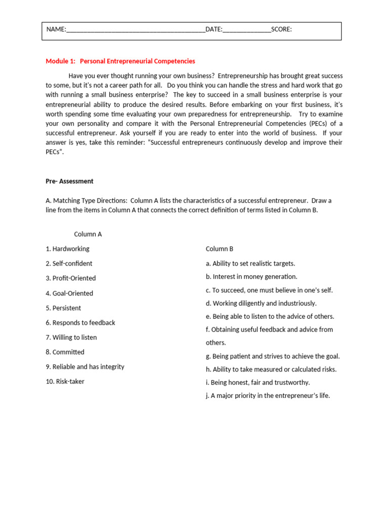 2nd Lesson CSS PEC's | PDF | Entrepreneurship | Psychological Concepts