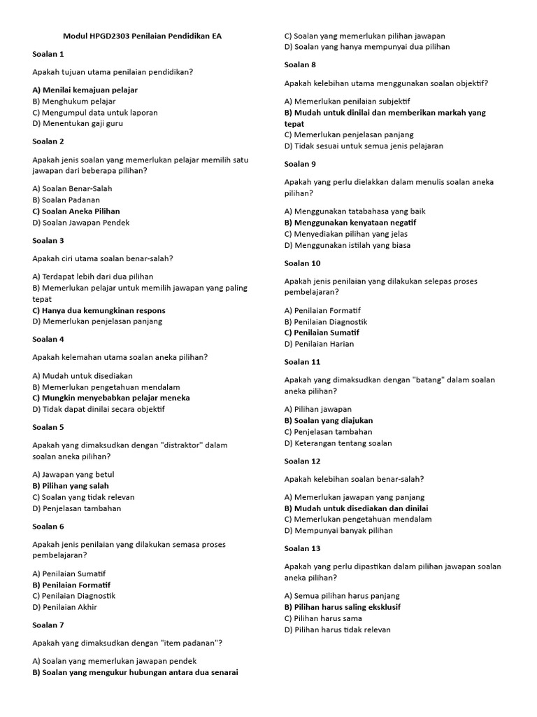Contoh Soalan Objektif EA | PDF