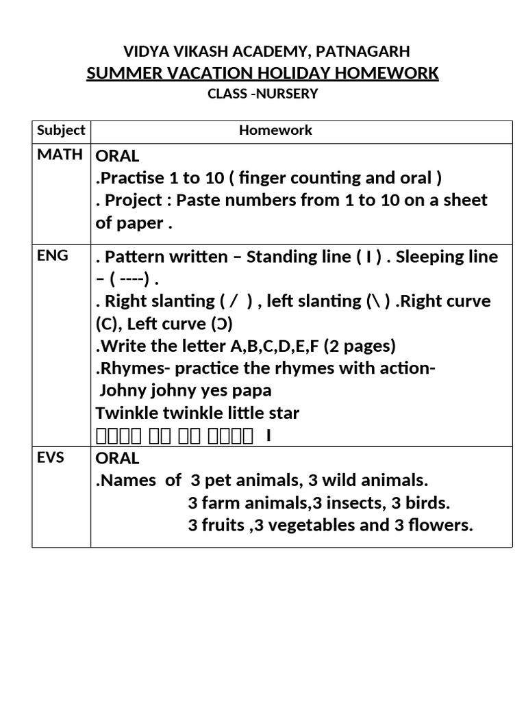 Nursery Holiday Homework | PDF